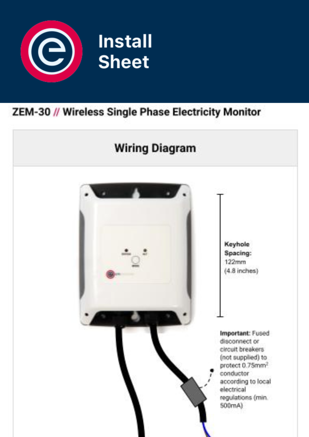 Install Sheet | Wireless Electricity Monitor (ZEM-3X) | EpiSensor